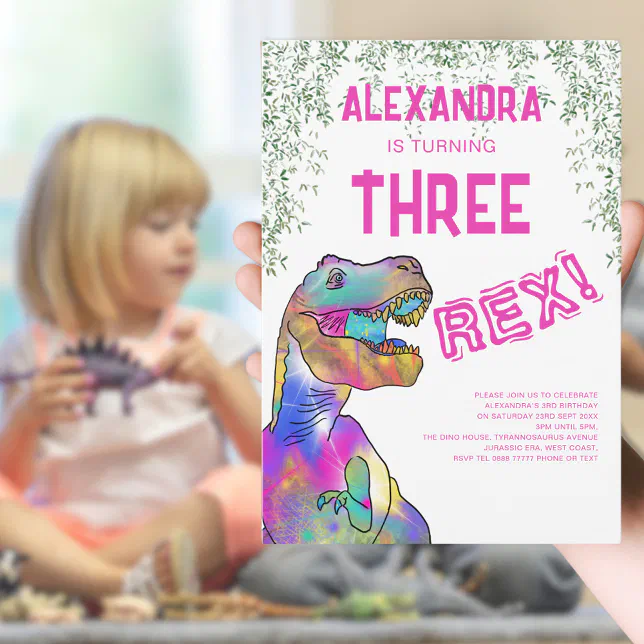 Three Rex Girls Dinosaur Birthday Party Invitation | Zazzle