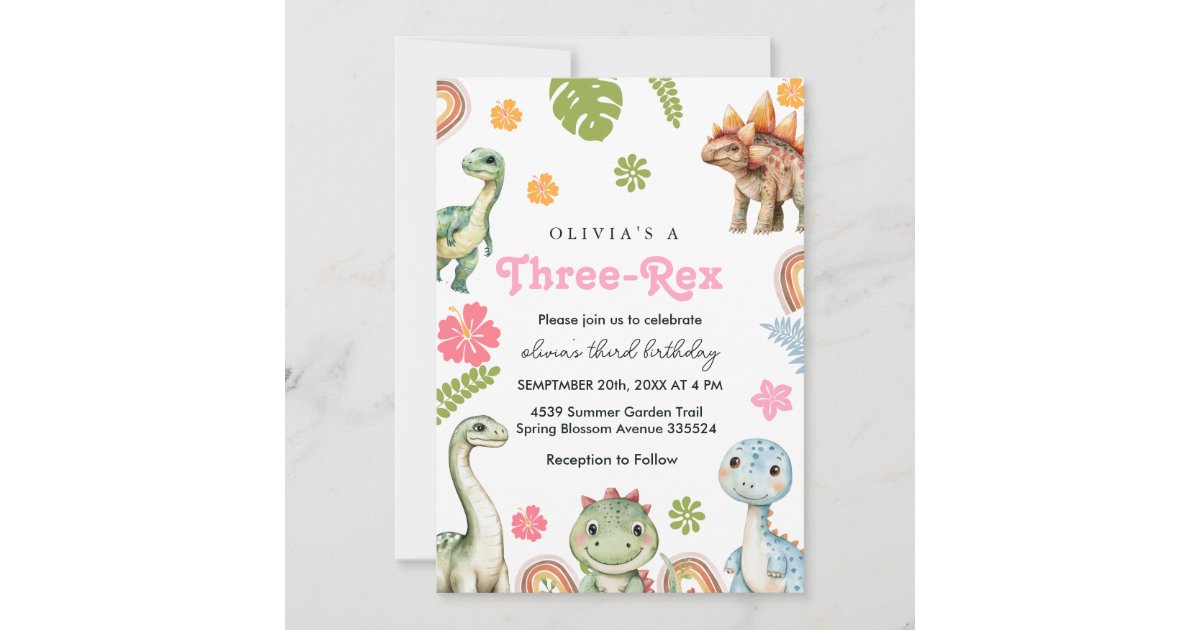 Three Rex Invitation Girl Dinosaur birthday | Zazzle