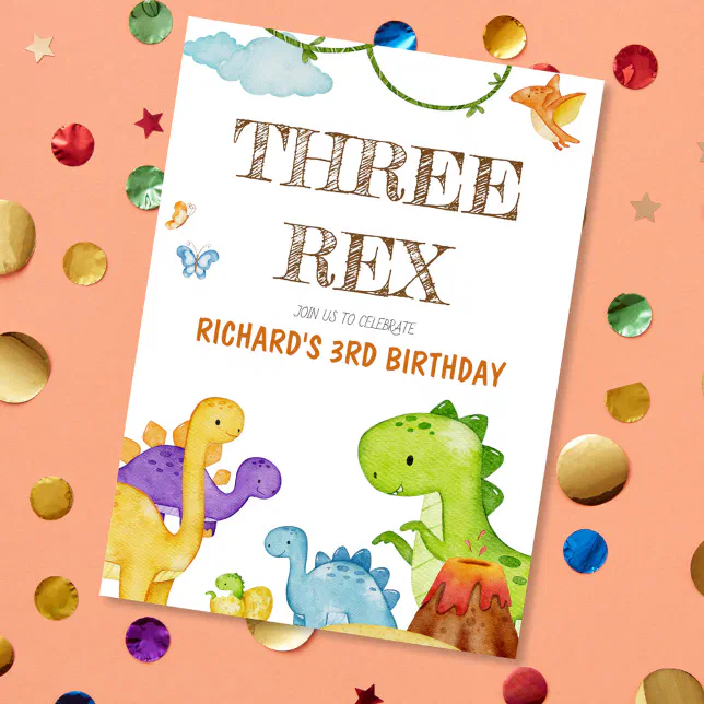 Three Rex Kids Dinosaur 3rd Birthday Party Invitation | Zazzle
