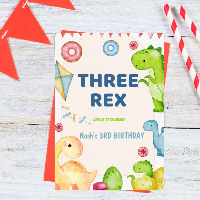 Three Rex Kids Dinosaur 3rd Birthday Party Invitation | Zazzle