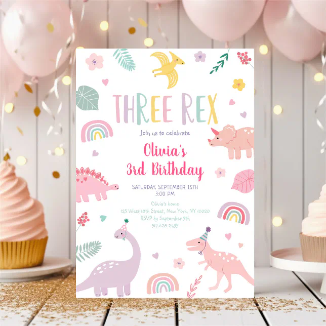Three Rex Pink Boho Dinosaur Birthday Invitation | Zazzle