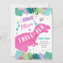 Three-Rex Pink Dinosaur Girl 3rd Third Birthday In Invitation | Zazzle