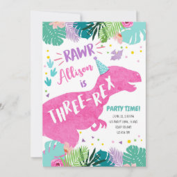 Three-Rex Pink Dinosaur Girl 3rd Third Birthday Invitation | Zazzle