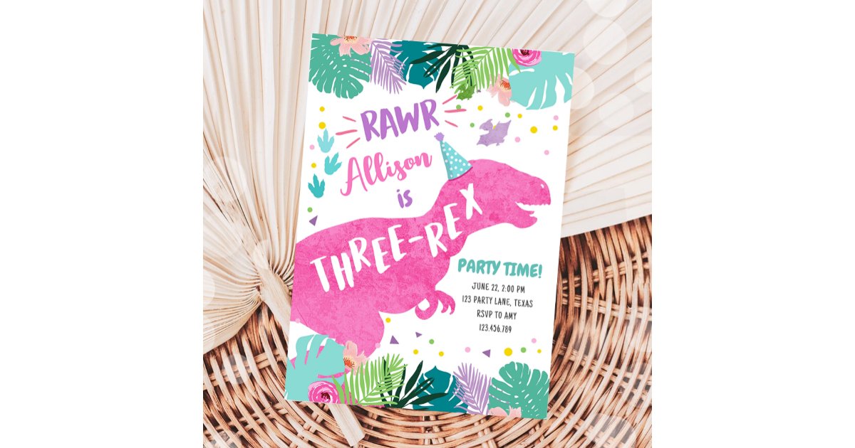 Three-Rex Pink Dinosaur Girl 3rd Third Birthday Invitation | Zazzle