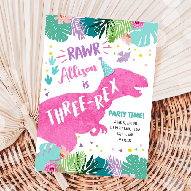 Three-Rex Pink Dinosaur Girl 3rd Third Birthday Invitation | Zazzle