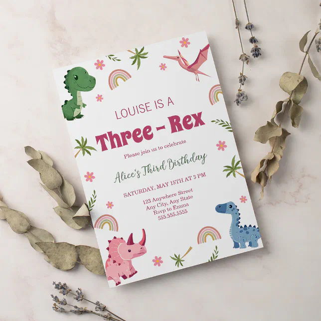 Three-Rex Pink Dinosaur Girl 3rd Third Birthday Invitation | Zazzle