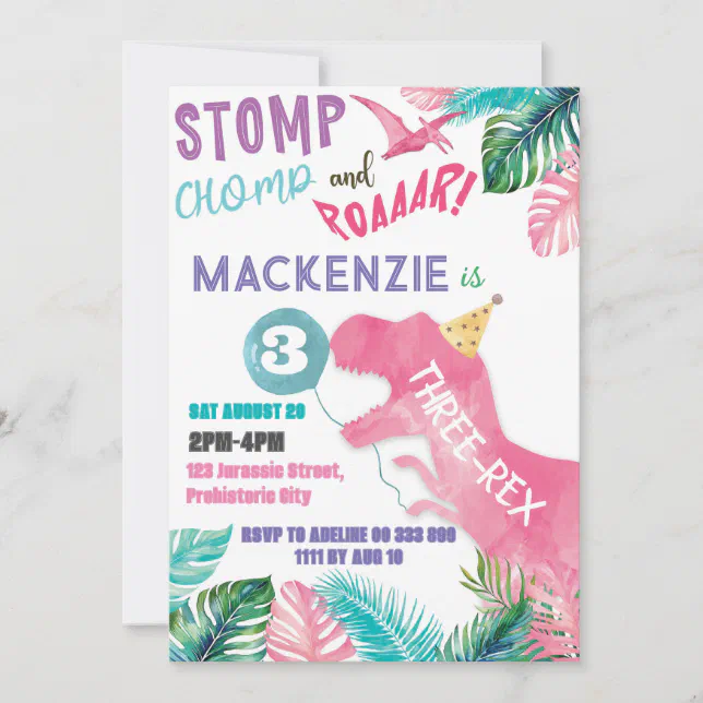 Three-Rex Pink Girl Dinosaur 3rd Third Birthday Invitation | Zazzle