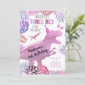Three Rex Pink Purple Girl Dinosaur Birthday Invitation | Zazzle