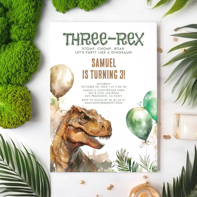 Three-Rex - Tyronasaurus Dinosaur Boy Birthday Invitation | Zazzle