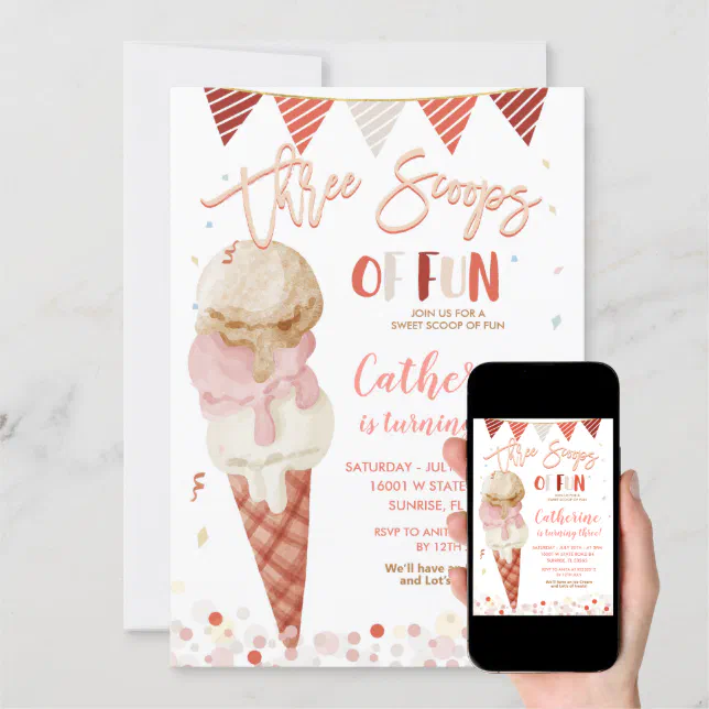 Three Scoops Of Fun 3rd Birthday Party Glitter Invitation Zazzle