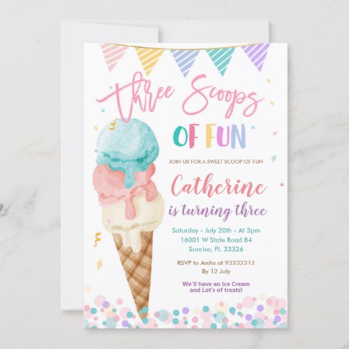 Three Scoops Of Fun 3rd Birthday Party Invitation | Zazzle