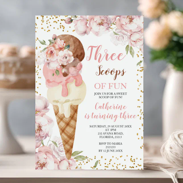 Three Scoops Of Fun Ice Cream 3rd Birthday Party Invitation | Zazzle