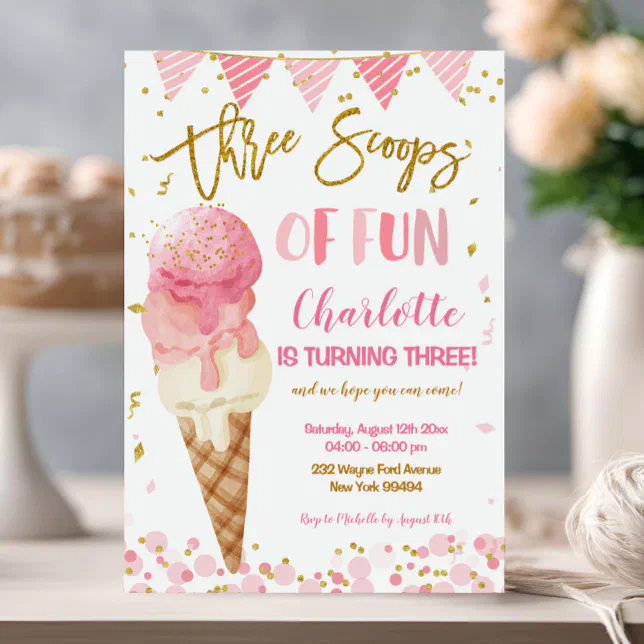 Three Scoops Of Fun Ice Cream 3rd Birthday Party Invitation | Zazzle