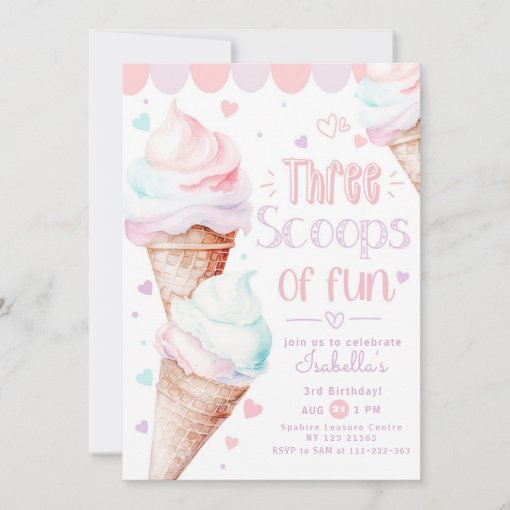 Three scoops of fun Ice cream birthday Invitation | Zazzle