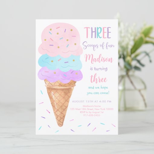 Three Scoops of Fun Ice Cream Birthday Invitation | Zazzle