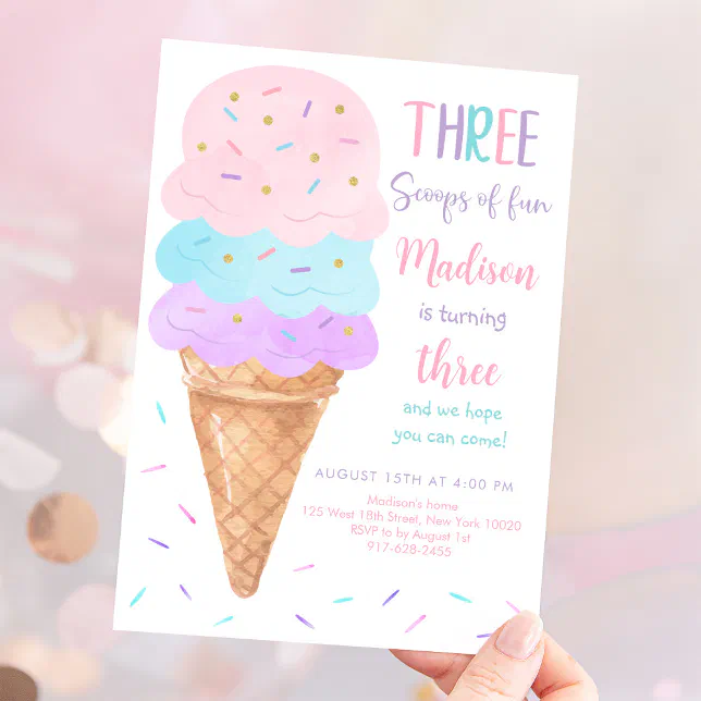 Three Scoops of Fun Ice Cream Birthday Invitation | Zazzle