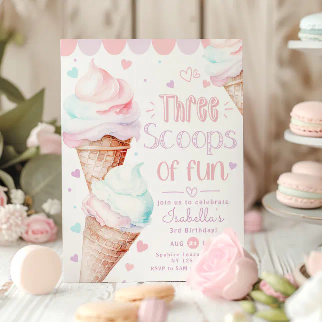 Three scoops of fun Ice cream birthday Invitation | Zazzle
