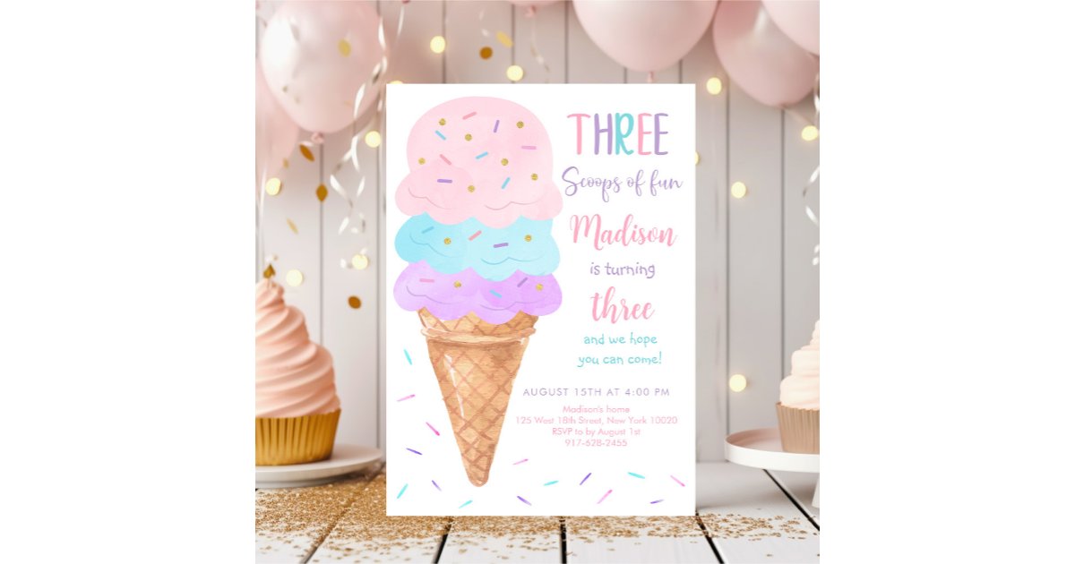 Three Scoops of Fun Ice Cream Birthday Invitation | Zazzle