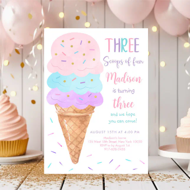 Three Scoops Of Fun Ice Cream Birthday Invitation Zazzle