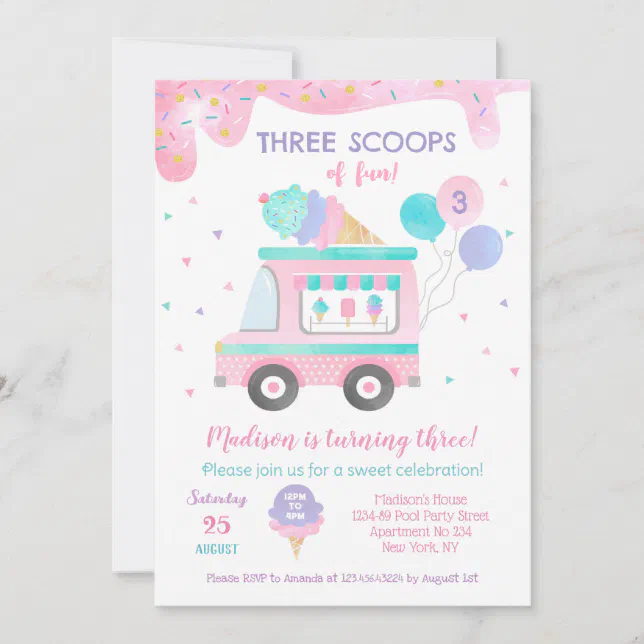 Three Scoops Of Fun Ice Cream Birthday Invitations Zazzle