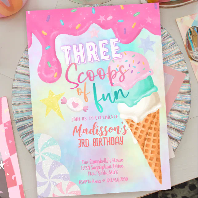 Three Scoops of Fun Invitation | Zazzle