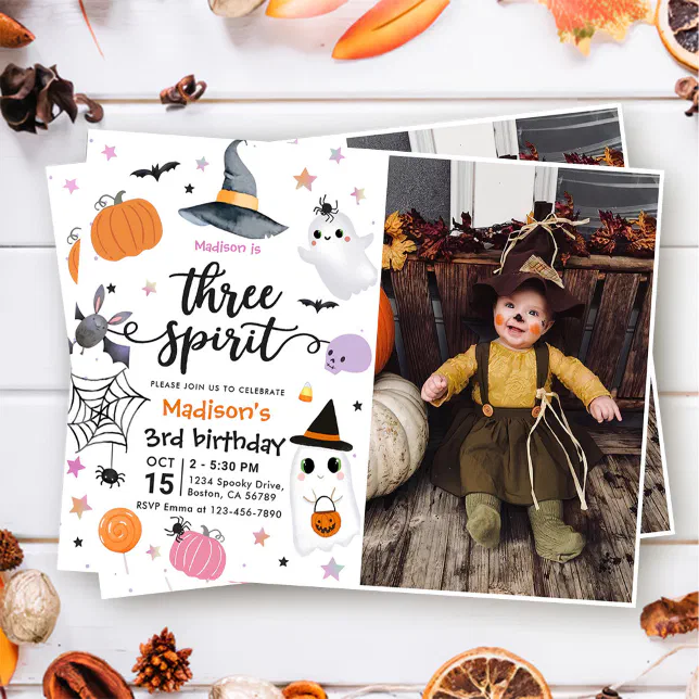 Three Spirit Halloween 3rd Birthday Photo Invitation | Zazzle