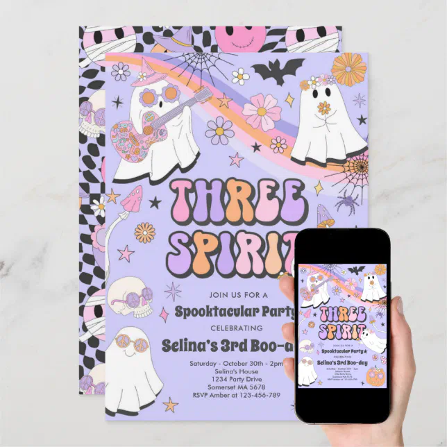 Three Spirit Halloween Groovy Ghost 3rd Birthday Invitation | Zazzle