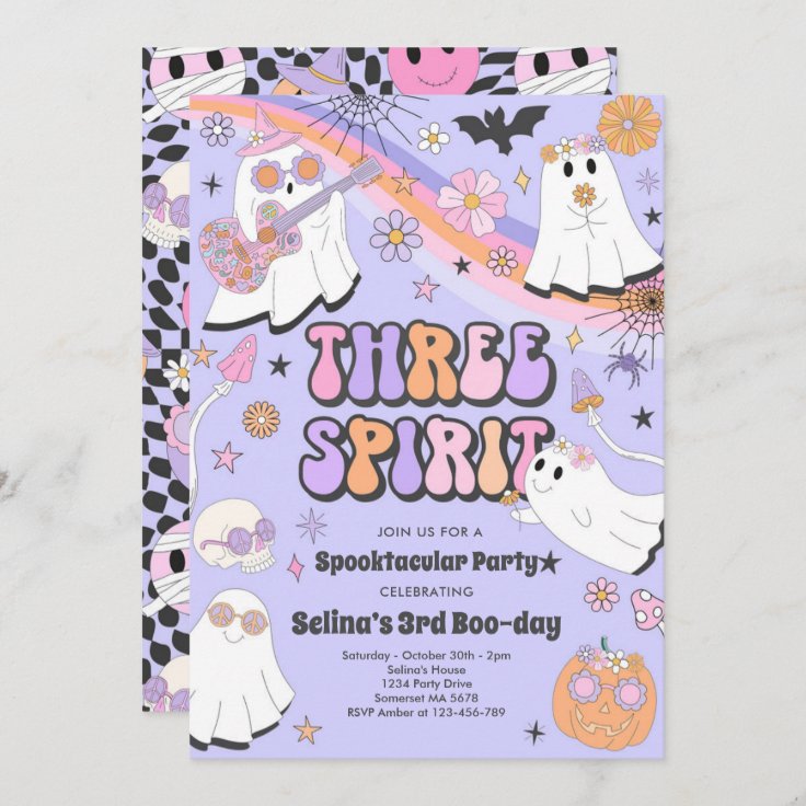 Three Spirit Halloween Groovy Ghost 3rd Birthday Invitation | Zazzle
