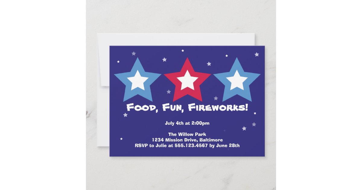 Three stars food fun fireworks 4th of July party Invitation | Zazzle