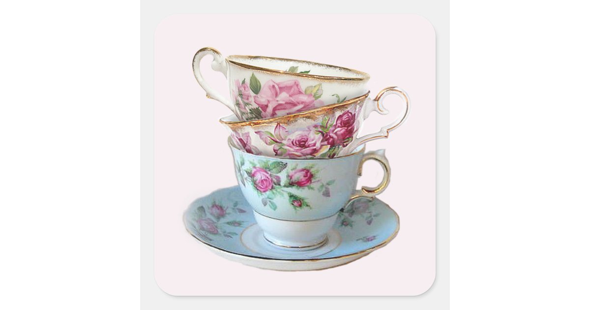 Three Tea Cups Square Sticker | Zazzle