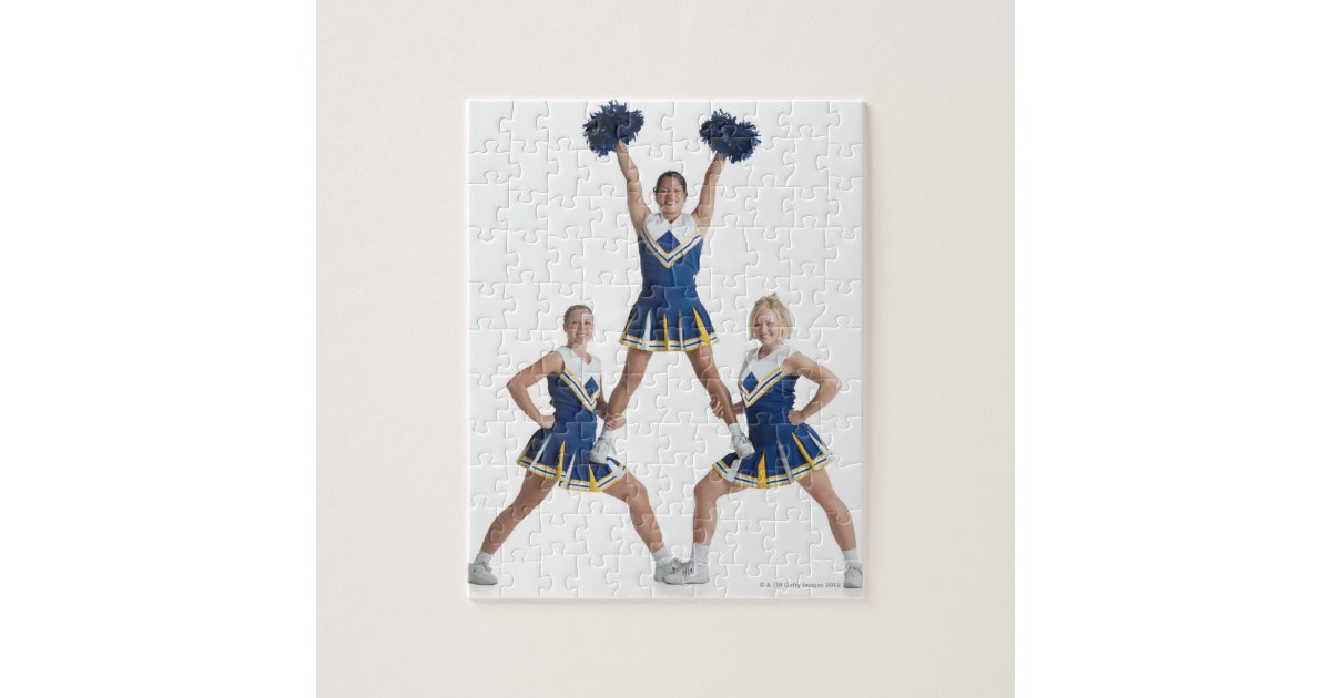 three teenage caucasian female cheerleaders in jigsaw puzzle | Zazzle
