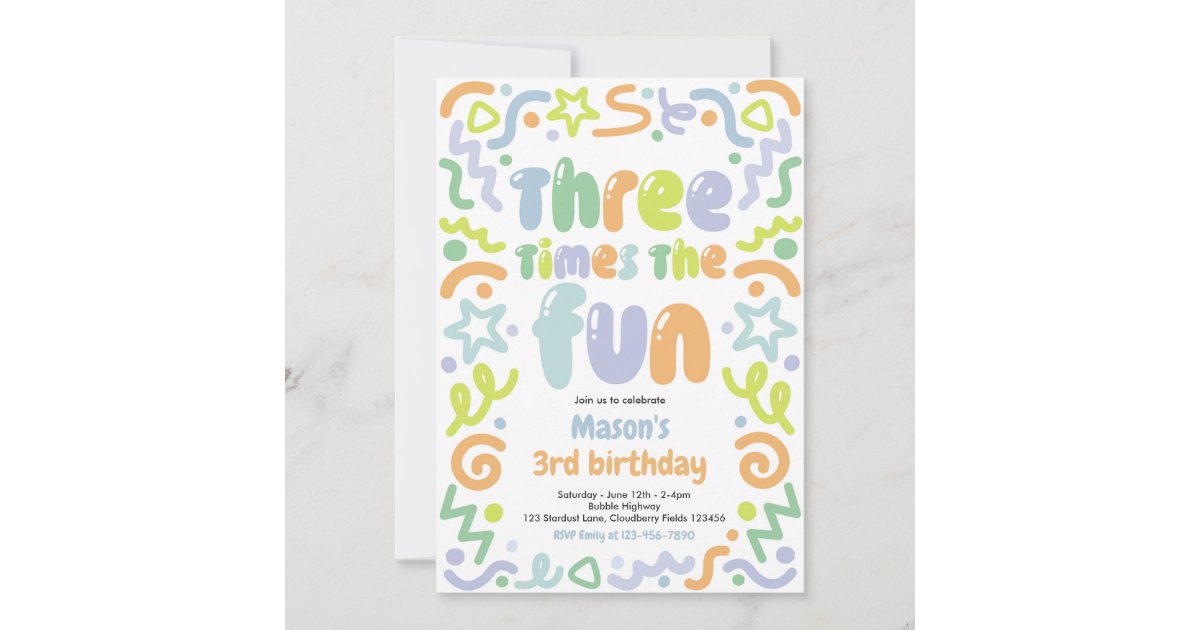 Three Times The Fun Confetti Balloon 3rd Birthday Invitation | Zazzle