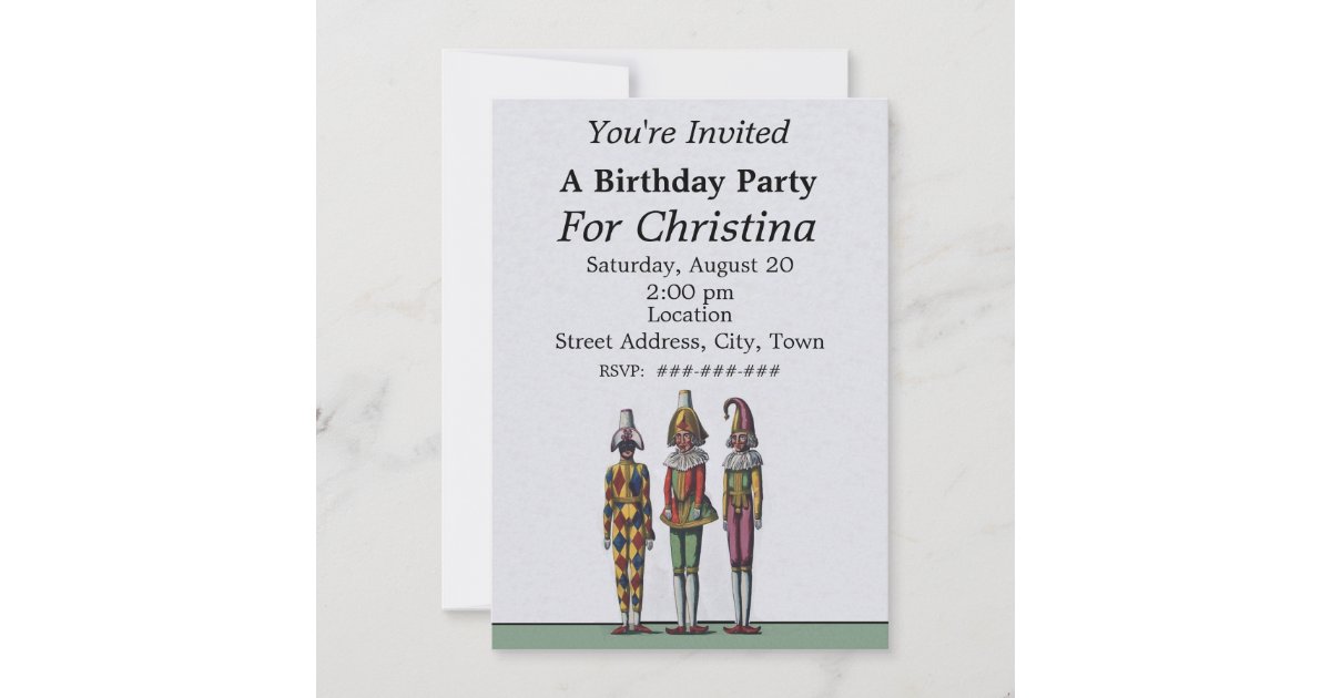 Three Whimsical Birthday Colorful Jester Dolls Invitation | Zazzle