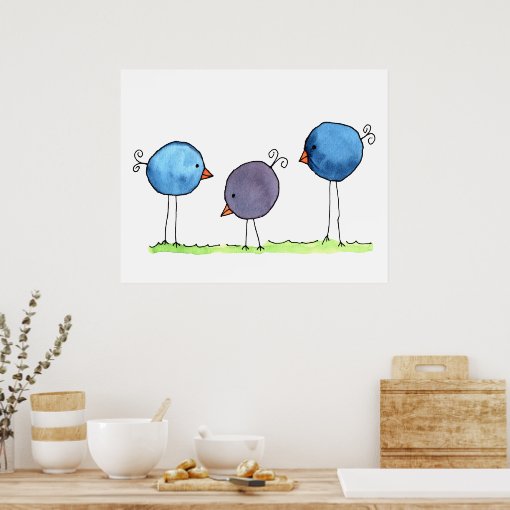 Three Whimsical Watercolor Birds Poster | Zazzle