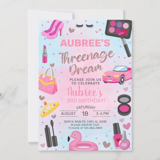 Threenage Dream girl 3rd third birthday invitation | Zazzle