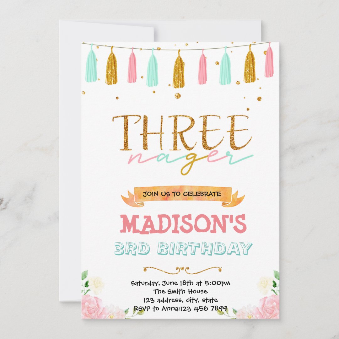 Threenager 3rd birthday invitation | Zazzle