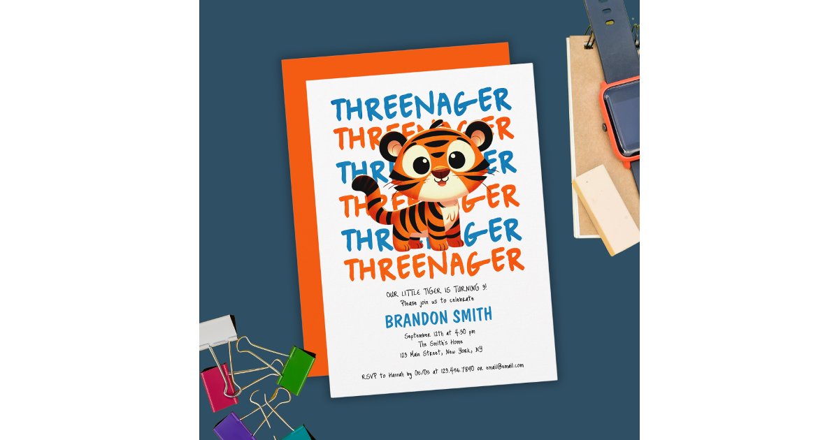 Threenager Tiger Boy 3rd Birthday Party Invitation | Zazzle