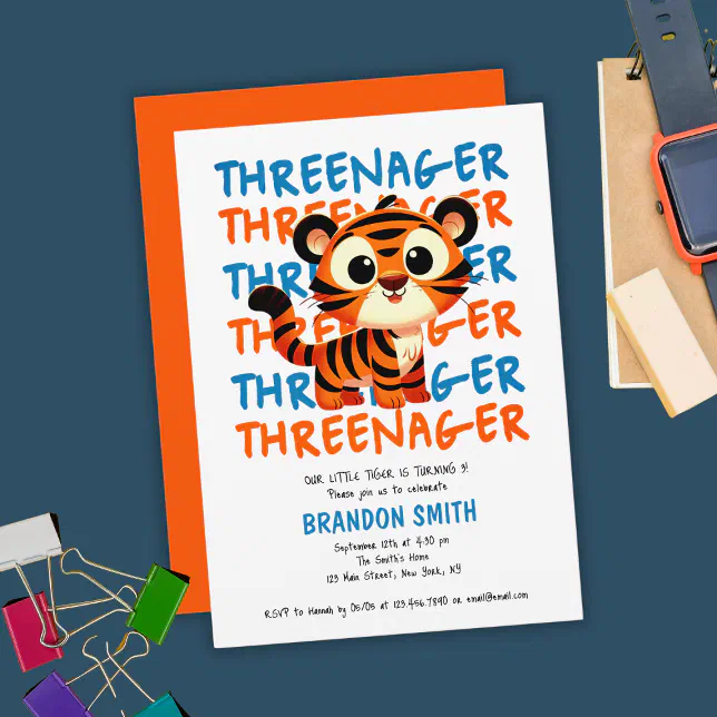Threenager Tiger Boy 3rd Birthday Party Invitation | Zazzle