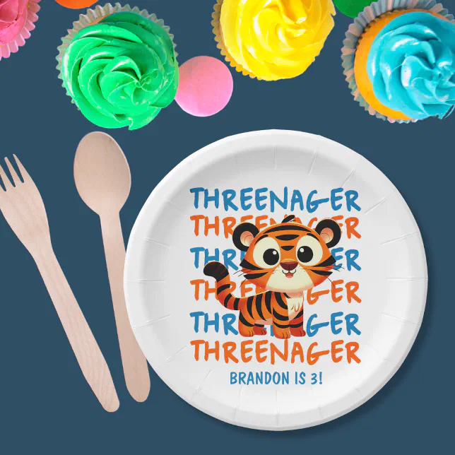 Threenager Tiger Boy 3rd Birthday Party Paper Plates | Zazzle