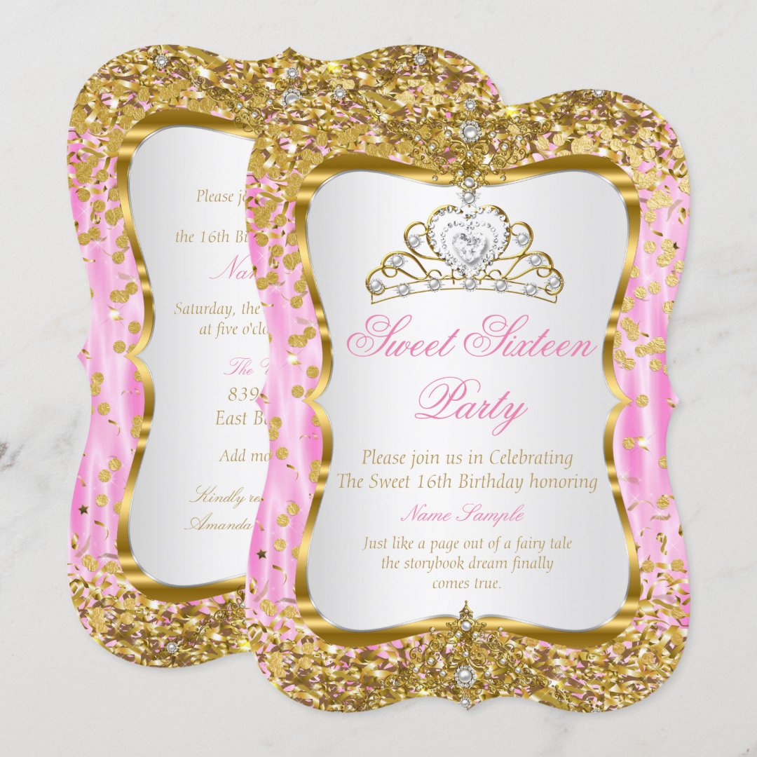 Tiara Princess Sweet 16 Pink Gold White Invite | Zazzle