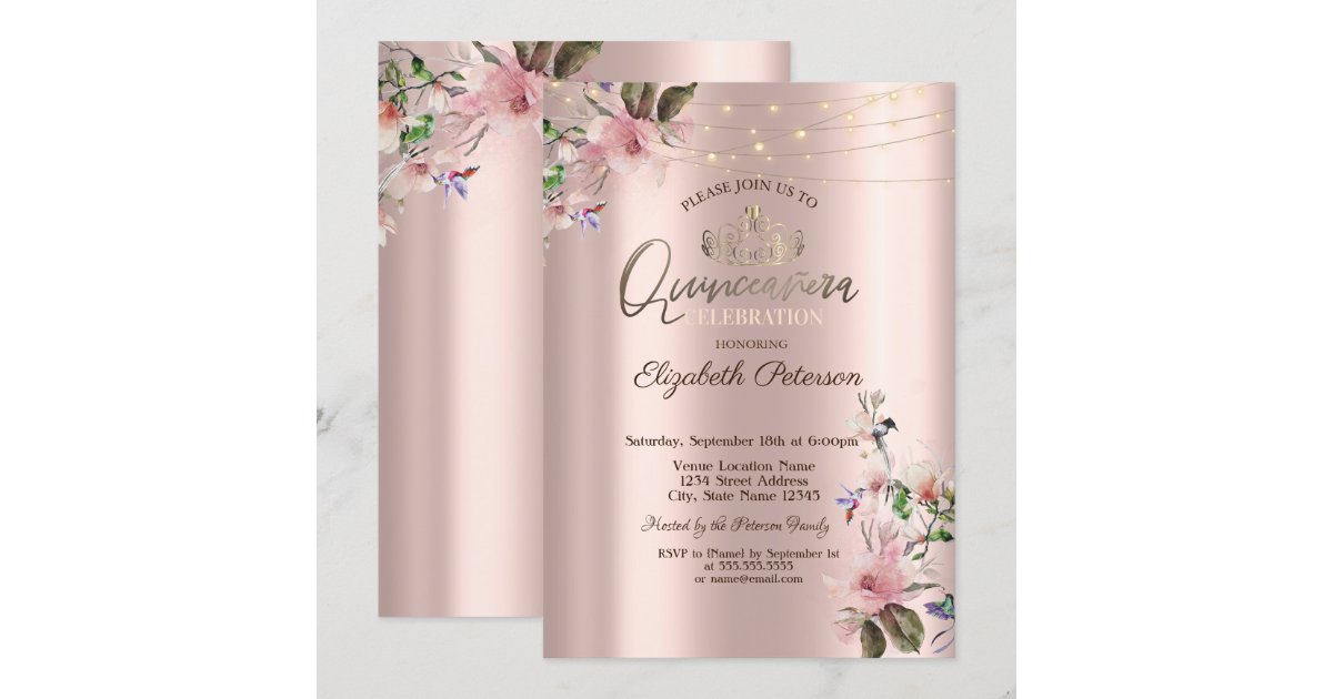 Tiara,String Lights Spring Flowers Quinceañera Invitation | Zazzle