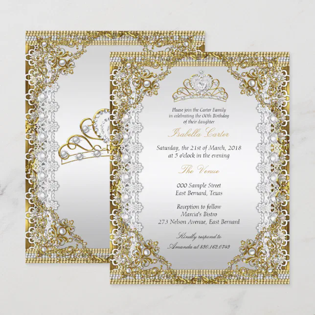 Tiara White Gold Pearl Lace Damask Birthday Party Invitation | Zazzle