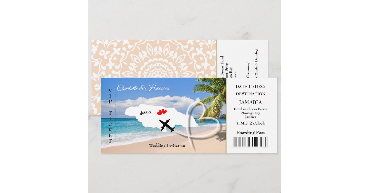Ticket Boarding Pass Wedding Destination Jamaica Invitation | Zazzle