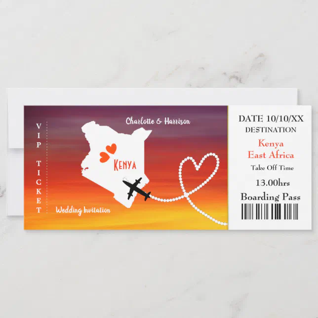 Ticket Boarding Pass Wedding Destination Kenya Invitation | Zazzle