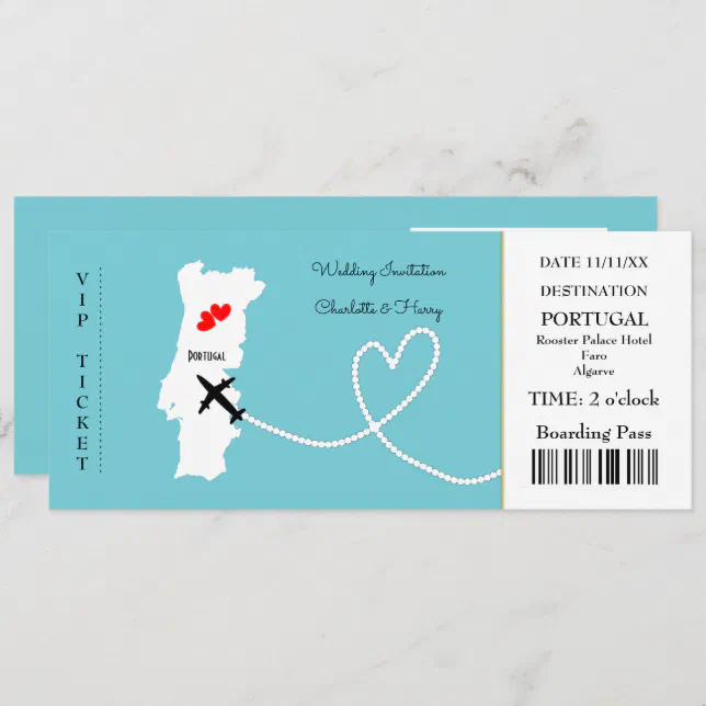 Ticket Boarding Pass Wedding Destination Portugal Invitation | Zazzle