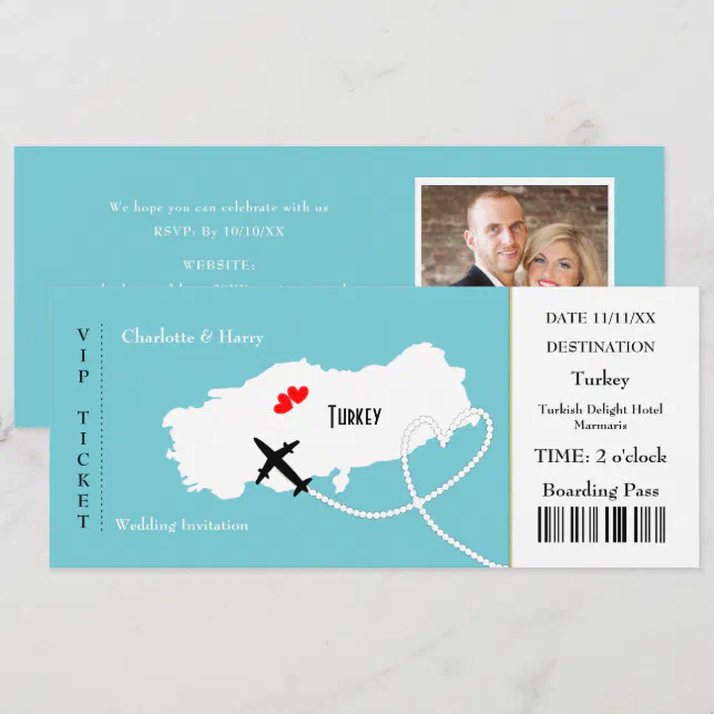 Ticket Boarding Pass Wedding Destination Turkey Invitation | Zazzle