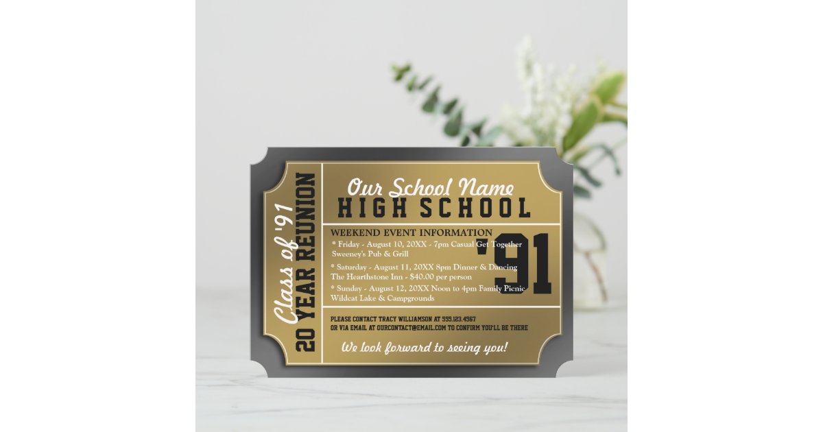 Ticket Style Black/Gold Class Reunion Invitation | Zazzle