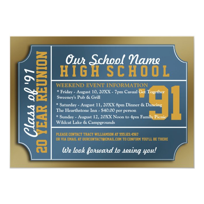Ticket Style Blue/Gold Class Reunion Card | Zazzle