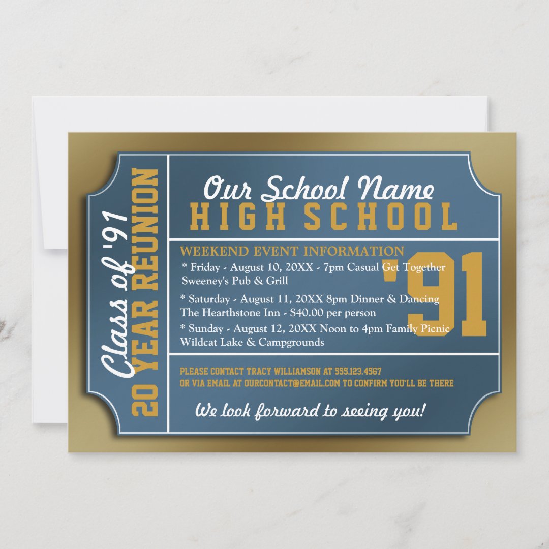 Ticket Style Blue/Gold Class Reunion Invitation | Zazzle