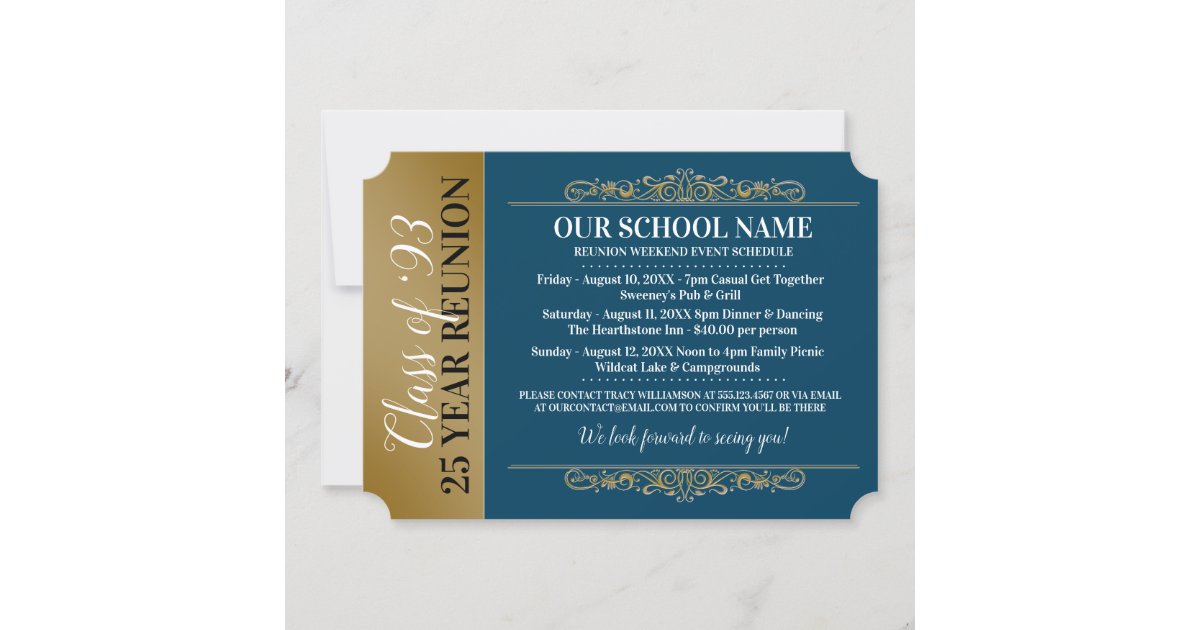 Ticket Style Blue/Gold Class Reunion Invitation | Zazzle